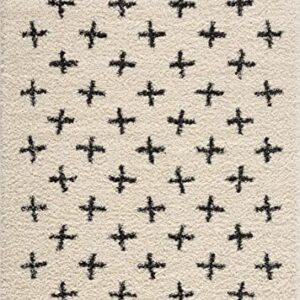 Hauteloom Alstead Farmhouse Swiss Cross Geometric Shag Area Rug - Fluffy High Pile Super Soft Rug with Tassels for Living Room, Bedroom, Dining Room - Cream, Beige, Black - 3'11" x 5'7"