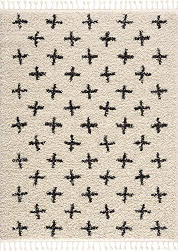 Hauteloom Alstead Farmhouse Swiss Cross Geometric Shag Area Rug - Fluffy High Pile Super Soft Rug with Tassels for Living Room, Bedroom, Dining Room - Cream, Beige, Black - 3'11" x 5'7"