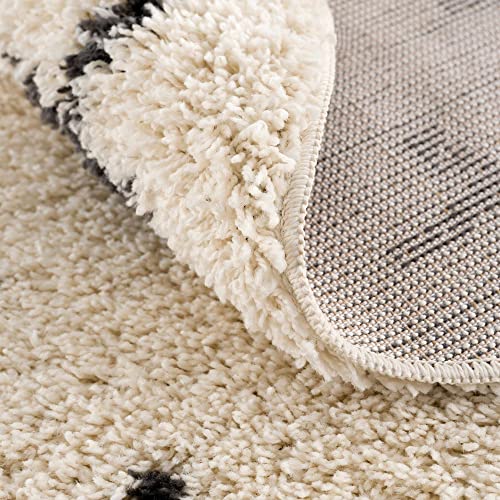 Hauteloom Alstead Farmhouse Swiss Cross Geometric Shag Area Rug - Fluffy High Pile Super Soft Rug with Tassels for Living Room, Bedroom, Dining Room - Cream, Beige, Black - 3'11" x 5'7"