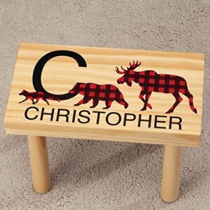 Fox Valley Traders Personalized Children's Step Stool, Natural Wood, Buffalo Plaid Design with Custom Name