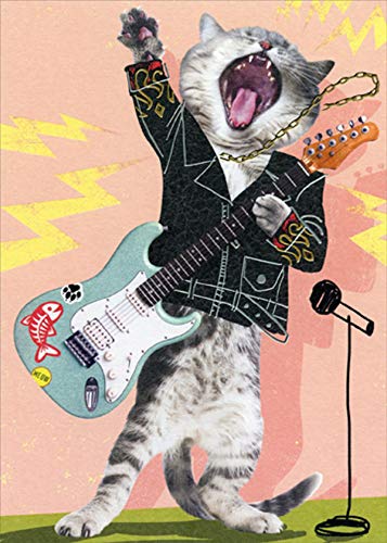 Designer Greetings Rock Star Cat with Blue Guitar Funny/Humorous Birthday Card