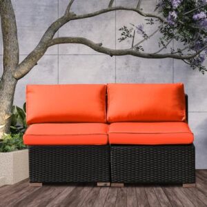 Excited Work PE Wicker Outdoor Loveseat 2 Pcs Patio Couch with Washable Cushion and 2 Pillow,Sectional Furniture Conversation Set（Orange）