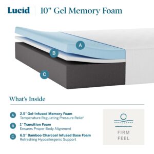 LUCID 10 Inch Memory Foam Mattress - Firm Feel - Infused with Bamboo Charcoal and Gel - Bed in a Box - Temperature Regulating - Pressure Relief - Breathable - Twin XL Size