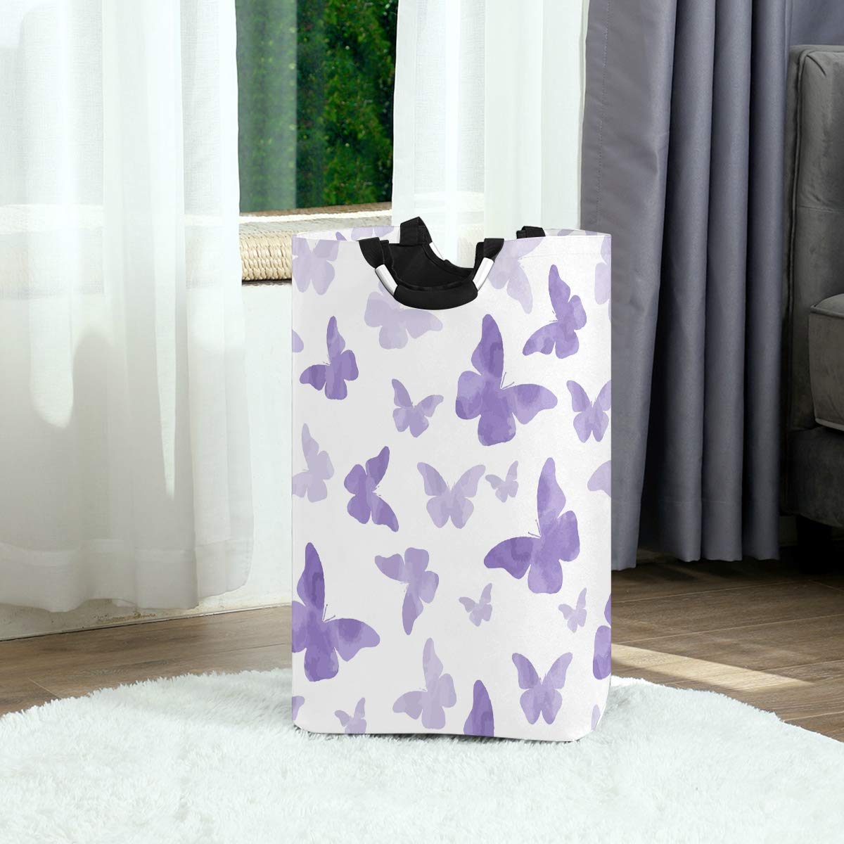 kids Cute Laundry Hamper with Handles-Collapsible Fabric Laundry Bakset Dirty Clothes Hamper for Girl Boy,Watercolor Purple Butterflies