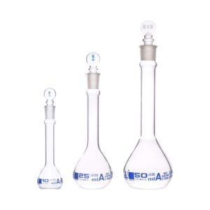 EISCO Premium Volumetric Flask Set - 10ml, 25ml & 50ml - Class A, ASTM E288 - Superior Durability & Chemical Resistance - Glass Penny Stoppers - Borosilicate 3.3 Glass