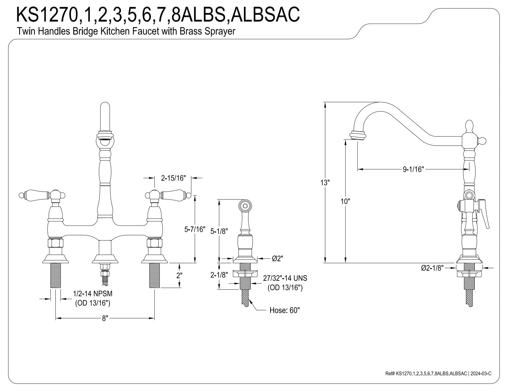 Kingston Brass KS127ALBSAC Heritage Bridge Kitchen Faucet, Antique Copper, 13.88 x 8.56 x 13.13