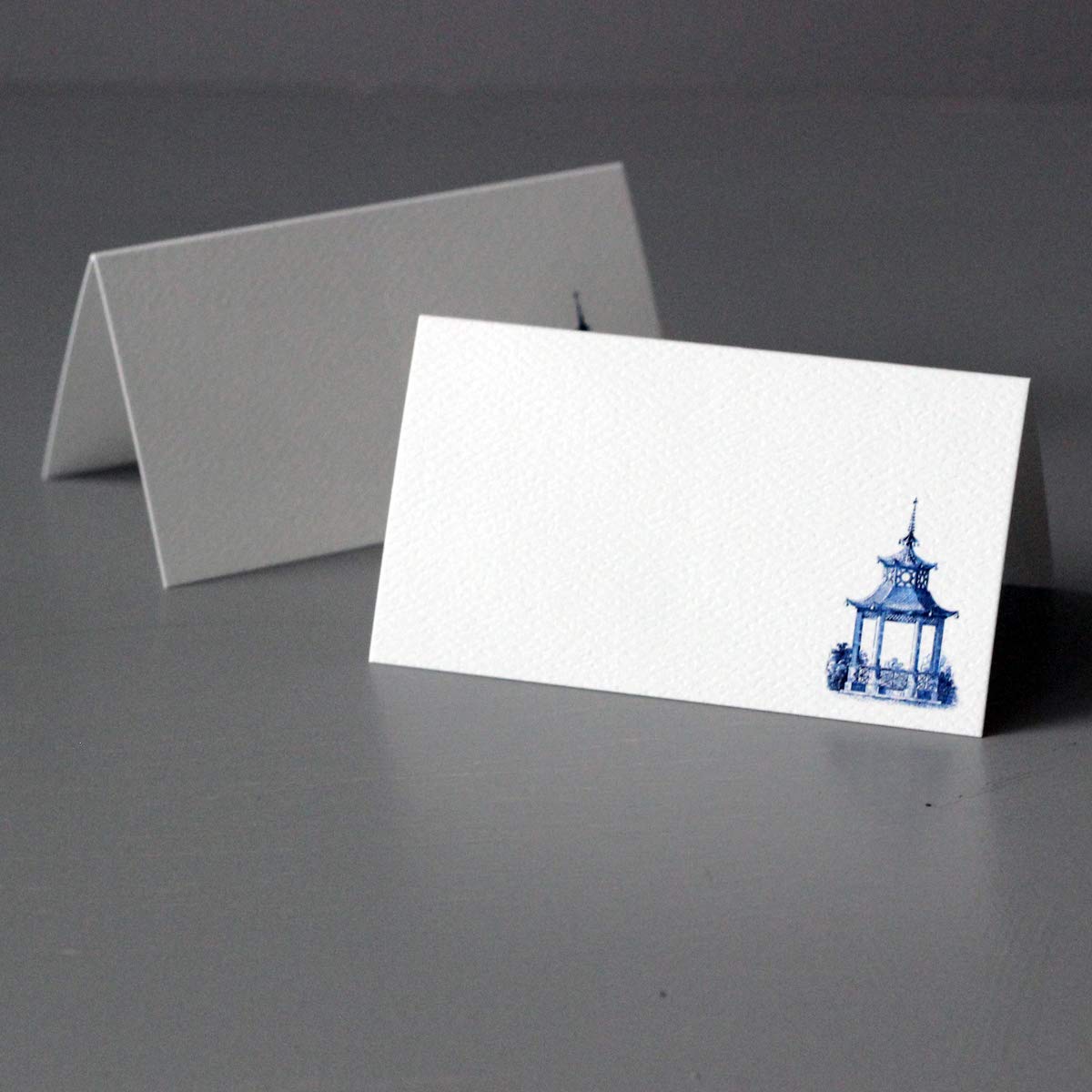 Nancy Nikko Place Cards - Blue and White GAZEBO PAGODA for Weddings, Showers, and Dinner Parties. Table Tent Style, Scored for easy folding. Available in Pkgs of 12/25 / 50 (50)