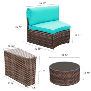 OC Orange-Casual Outdoor Furniture Brown Rattan Set Half-Moon Patio All-Weather Wicker Sofa with Coffee Table, Turquoise Cushion 7-Piece (Pillows & Waterproof Cover Included)