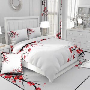 Japanese Duvet Cover Twin Size,Kids Girls Spring Cherry Blossom Comforter Cover Asian Botanic Themed Pattern Fresh Organic Art Bedding Set, Branch of Red Flowers Decorative Bedspreads White Black