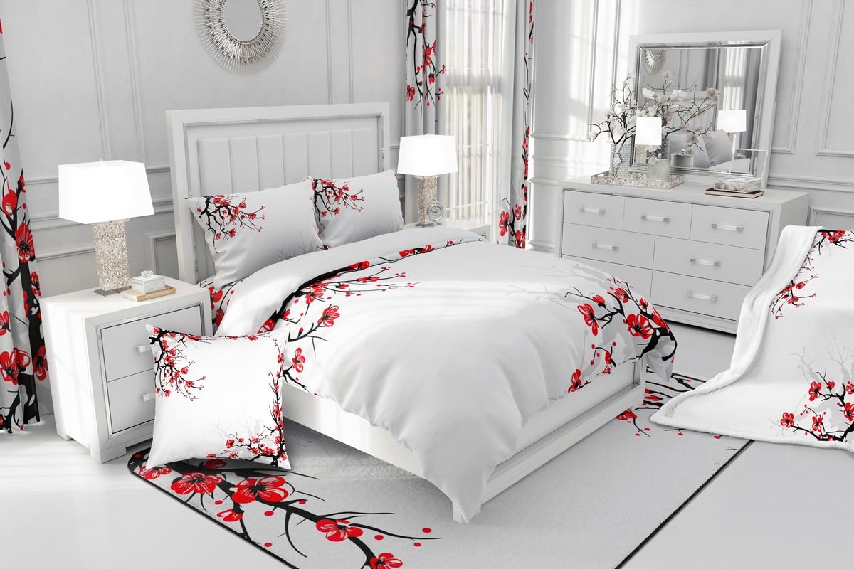 Japanese Duvet Cover Twin Size,Kids Girls Spring Cherry Blossom Comforter Cover Asian Botanic Themed Pattern Fresh Organic Art Bedding Set, Branch of Red Flowers Decorative Bedspreads White Black