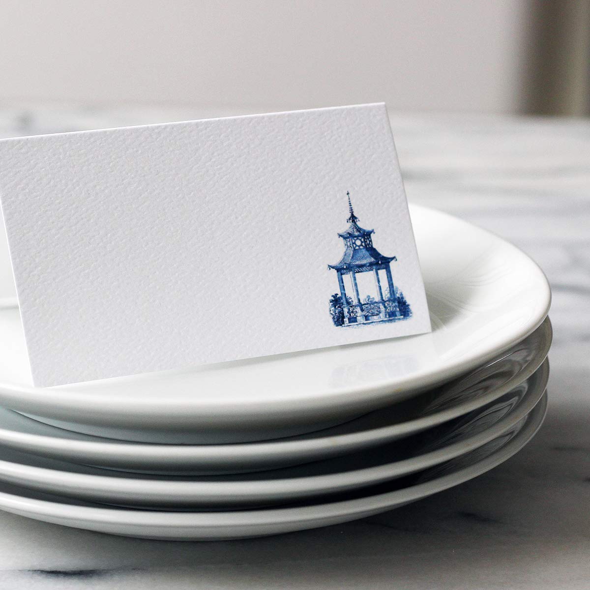 Nancy Nikko Place Cards - Blue and White GAZEBO PAGODA for Weddings, Showers, and Dinner Parties. Table Tent Style, Scored for easy folding. Available in Pkgs of 12/25 / 50 (50)