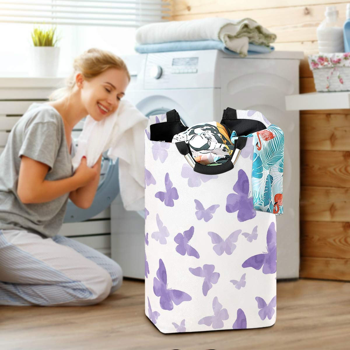 kids Cute Laundry Hamper with Handles-Collapsible Fabric Laundry Bakset Dirty Clothes Hamper for Girl Boy,Watercolor Purple Butterflies