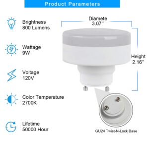 CRIOO GU24 LED Puck Light Bulb, 9W(60w CFL Equivalent), 2700K, 800LM, UL Listed, 2 Prong Light Bulbs for Home Kitchen Closet, Mini Twist Lock Spiral Low Profile Squat Bulb (1 Pack)