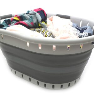 SAMMART 57L (15 Gallons) Collapsible 3-Handled Plastic Laundry Basket - Oval Tub - Portable Washing Tub-Space Saving Laundry Hamper, Water Capacity 44L / 11.6 Gallon (2 pcs - Oval, Dark Grey)