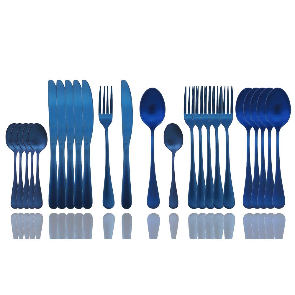 JASHII Matte Silverware Set, 24-Piece Stainless Steel Satin Finish Flatware Set Service for 6, Kitchen Utensil Set, Tableware Cutlery Set for Home and Restaurant (Blue full)