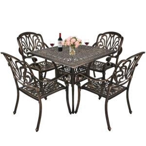 titimo 5-piece outdoor patio dining set,all-weather cast aluminum furniture conversation set includes 4 chairs and 1 square table with umbrella hole for patio garden deck, blooming flower design