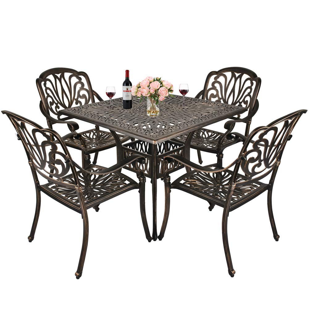 TITIMO 5-Piece Outdoor Patio Dining Set,All-Weather Cast Aluminum Furniture Conversation Set Includes 4 Chairs and 1 Square Table with Umbrella Hole for Patio Garden Deck, Blooming Flower Design