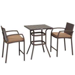 outsunny 3 pcs rattan wicker bar set with wood grain top table and 2 bar stools for outdoor, patio, poolside, garden, brown