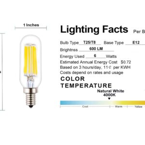 OPALRAY T8(T25) LED Small Tubular Bulb, Dimmable 6W, Natural White 4000K Daylight, 60W Incandescent Equivalent, LED Filament Lamp, E12 Candelabra Bulb Base, Clear Glass Tube Tip, 5-Pack