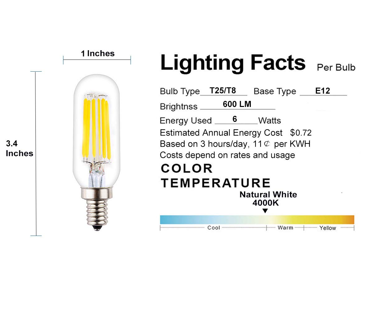 OPALRAY T8(T25) LED Small Tubular Bulb, Dimmable 6W, Natural White 4000K Daylight, 60W Incandescent Equivalent, LED Filament Lamp, E12 Candelabra Bulb Base, Clear Glass Tube Tip, 5-Pack