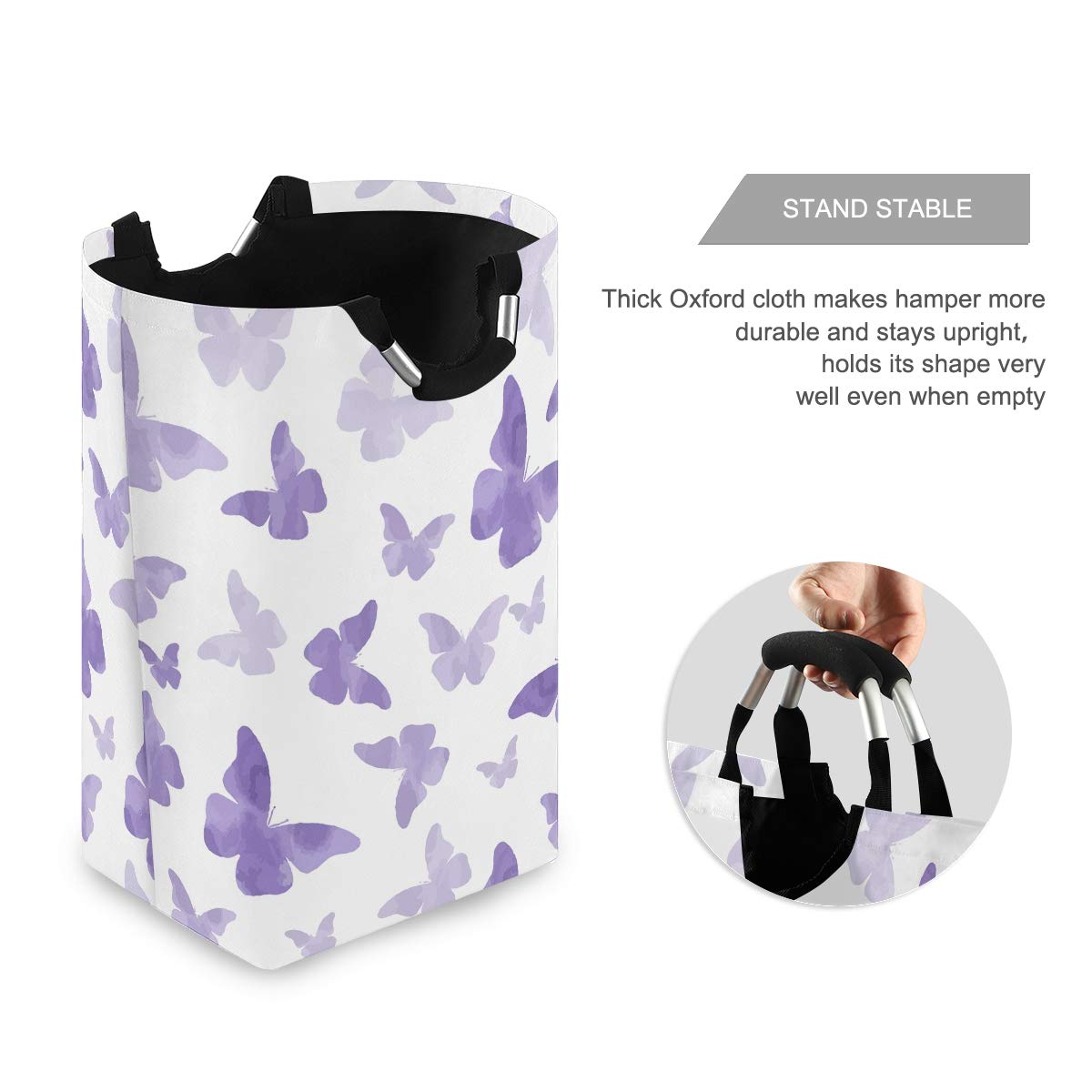 kids Cute Laundry Hamper with Handles-Collapsible Fabric Laundry Bakset Dirty Clothes Hamper for Girl Boy,Watercolor Purple Butterflies