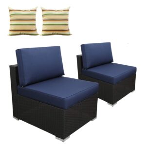 Excited Work 2 Piece Outdoor PE Wicker Rattan Patio Couch with Washable Cushion and 2 Pillow,Sectional Furniture Conversation Set（Dark Blue）