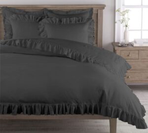 kotton culture 600 thread count ruffle trim fringe duvet cover set 100% egyptian cotton 1 duvet cover & 2 pillow shams frilled bohemian bedding (oversized king, dark grey)