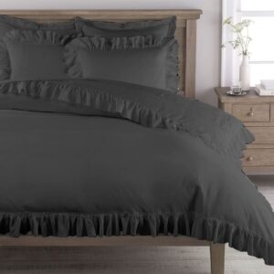 Kotton Culture 600 Thread Count Ruffle Trim Fringe Duvet Cover Set 100% Egyptian Cotton 1 Duvet Cover & 2 Pillow Shams Frilled Bohemian Bedding (Oversized King, Dark Grey)