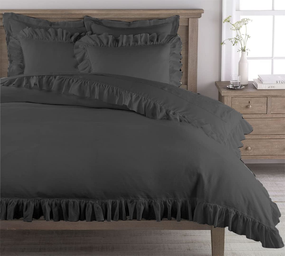 Kotton Culture 600 Thread Count Ruffle Trim Fringe Duvet Cover Set 100% Egyptian Cotton 1 Duvet Cover & 2 Pillow Shams Frilled Bohemian Bedding (Oversized King, Dark Grey)