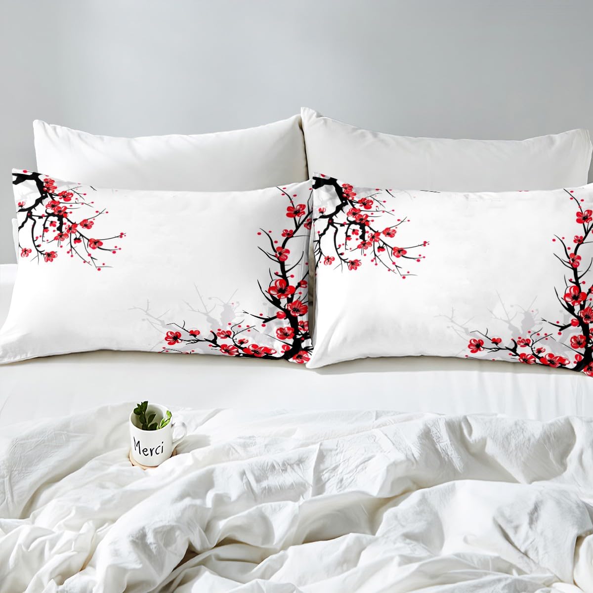 Japanese Duvet Cover Twin Size,Kids Girls Spring Cherry Blossom Comforter Cover Asian Botanic Themed Pattern Fresh Organic Art Bedding Set, Branch of Red Flowers Decorative Bedspreads White Black