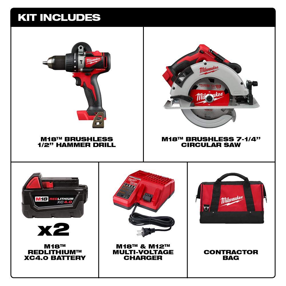 Milwaukee 2992-22 M18 18-Volt Lithium-Ion Brushless Cordless Hammer Drill and Circular Saw Combo Kit (2-Tool) with Two 4.0 Ah Batteries