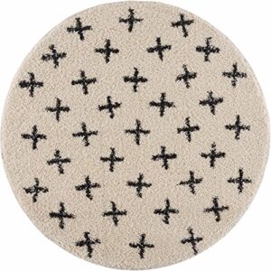 Hauteloom Alstead Farmhouse Swiss Cross Geometric Shag Area Rug - Fluffy High Pile Super Soft Rug with Tassels for Living Room, Bedroom, Dining Room - Cream, Beige, Black - 3'11" x 5'7"