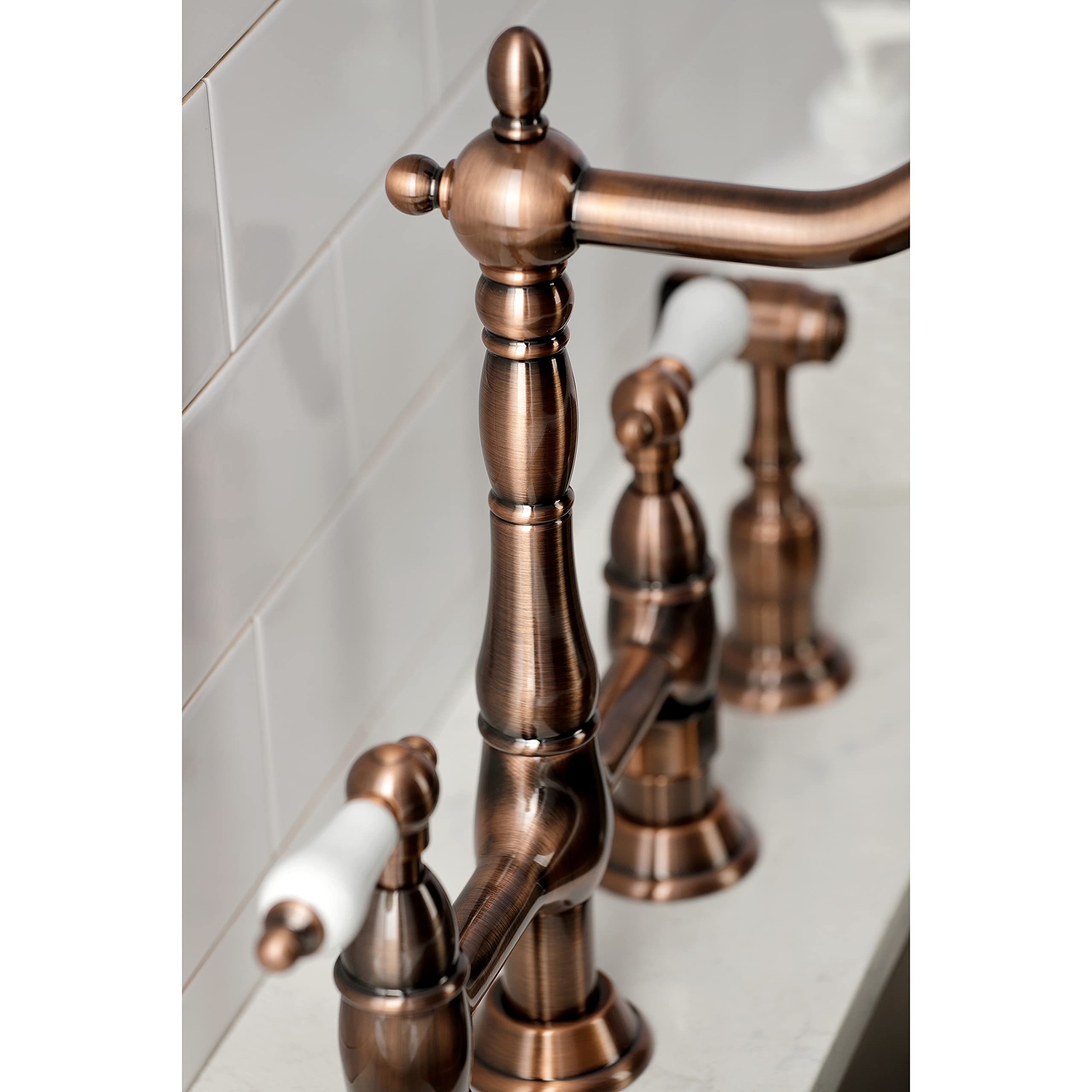 Kingston Brass KS127PLBSAC Heritage Bridge Kitchen Faucet, Antique Copper