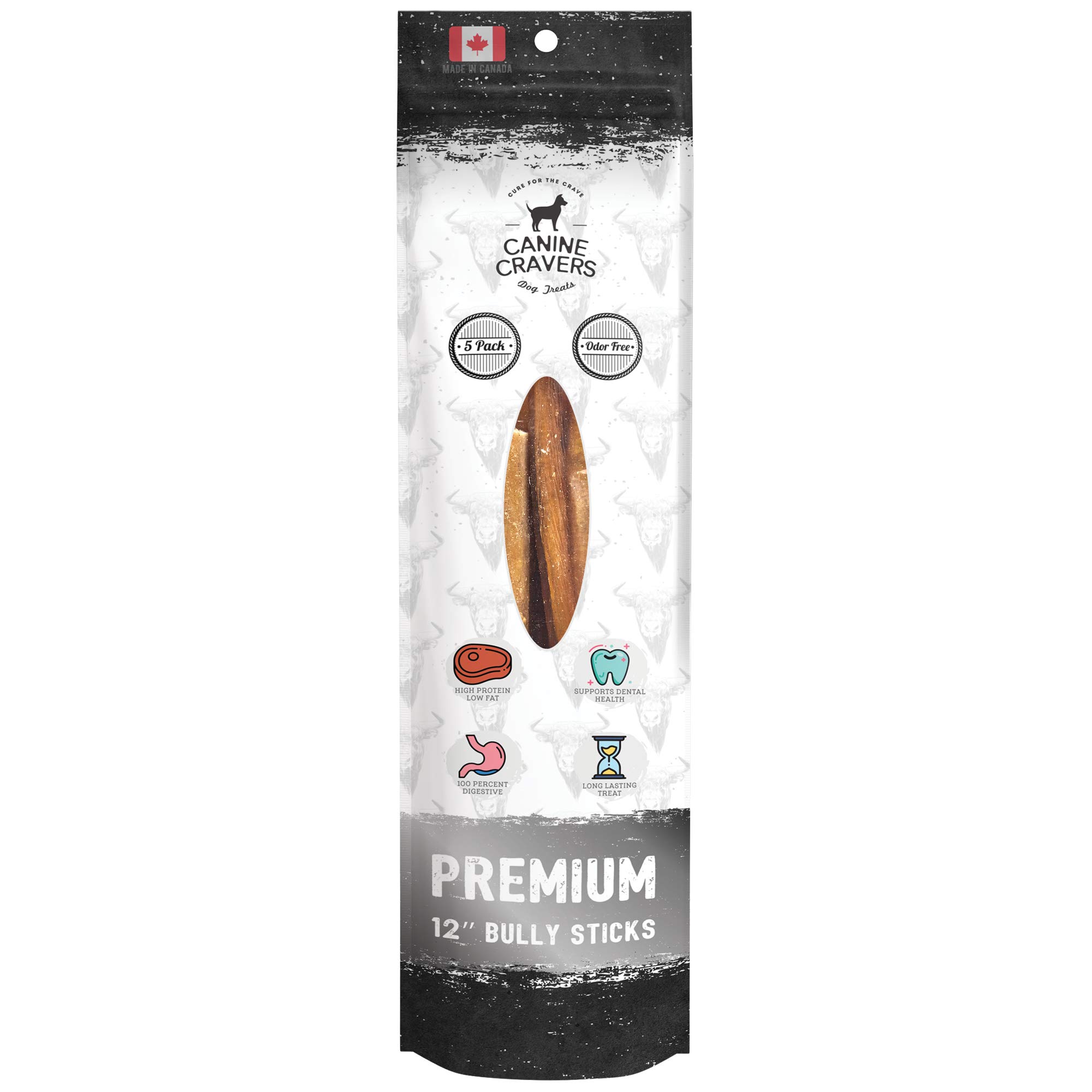 Canine Cravers Maplewood Smoked Bully Sticks 12” Inch - 100% Natural Free Range Grass Fed Beef - Made in Canada Odor-Reduced Long Lasting, Rawhide Free Dog Chews High Protein Low Fat Dental Care