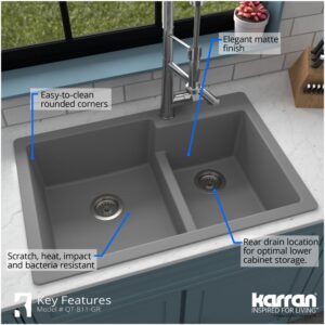 Karran QT-811 33" Top Mount Large/Small Bowl Quartz Kitchen Sink in Black