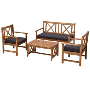 outsunny 4 piece acacia wood outdoor patio furniture set with 2 armchairs, 1 sofa, & 1 coffee table, cushions included