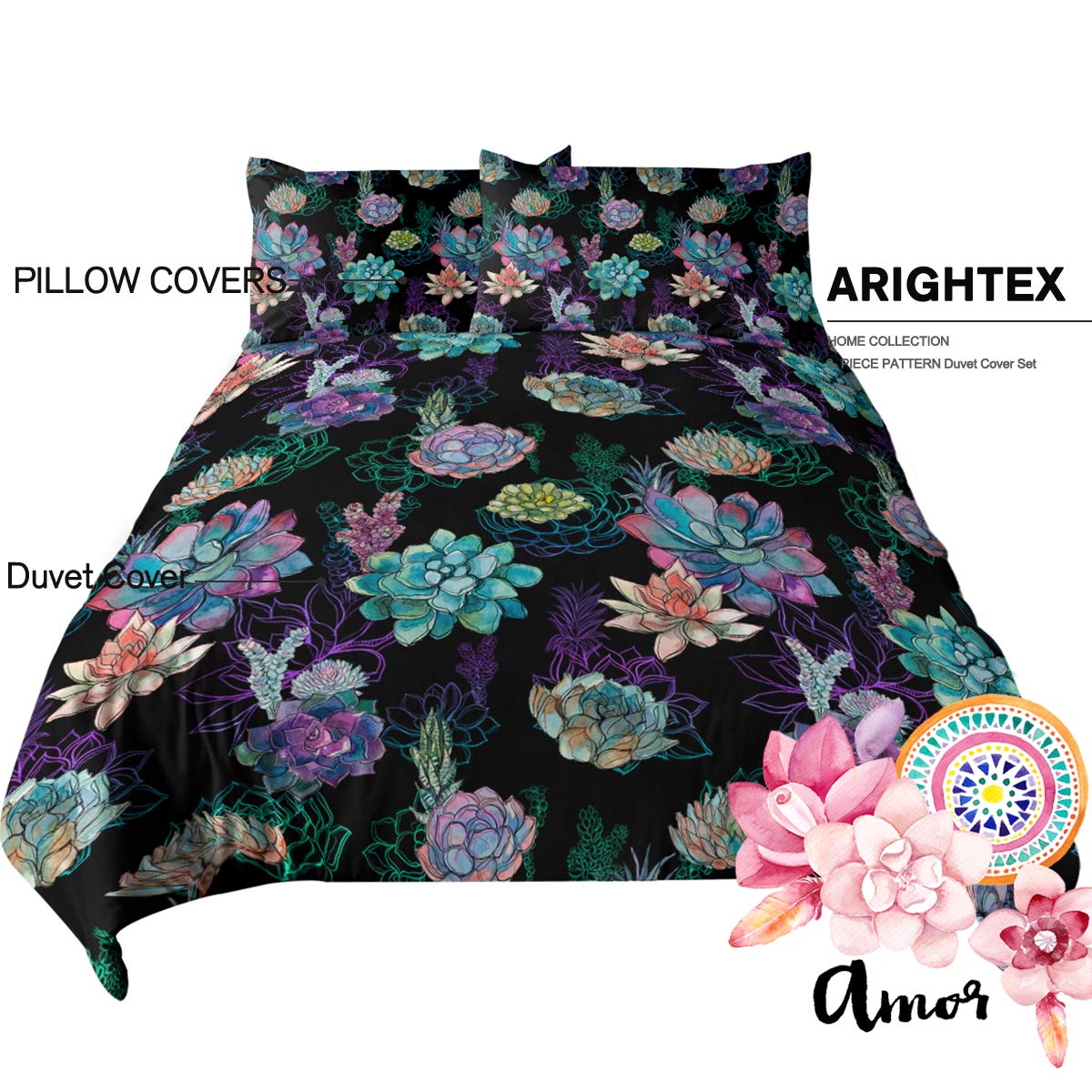 ARIGHTEX Colorful Succulents Duvet Cover Purple Green and Black 3 Pcs Rainbow Desert Succulents Bedding Stylish Bedspreads for Boho Girls Boys (Queen)