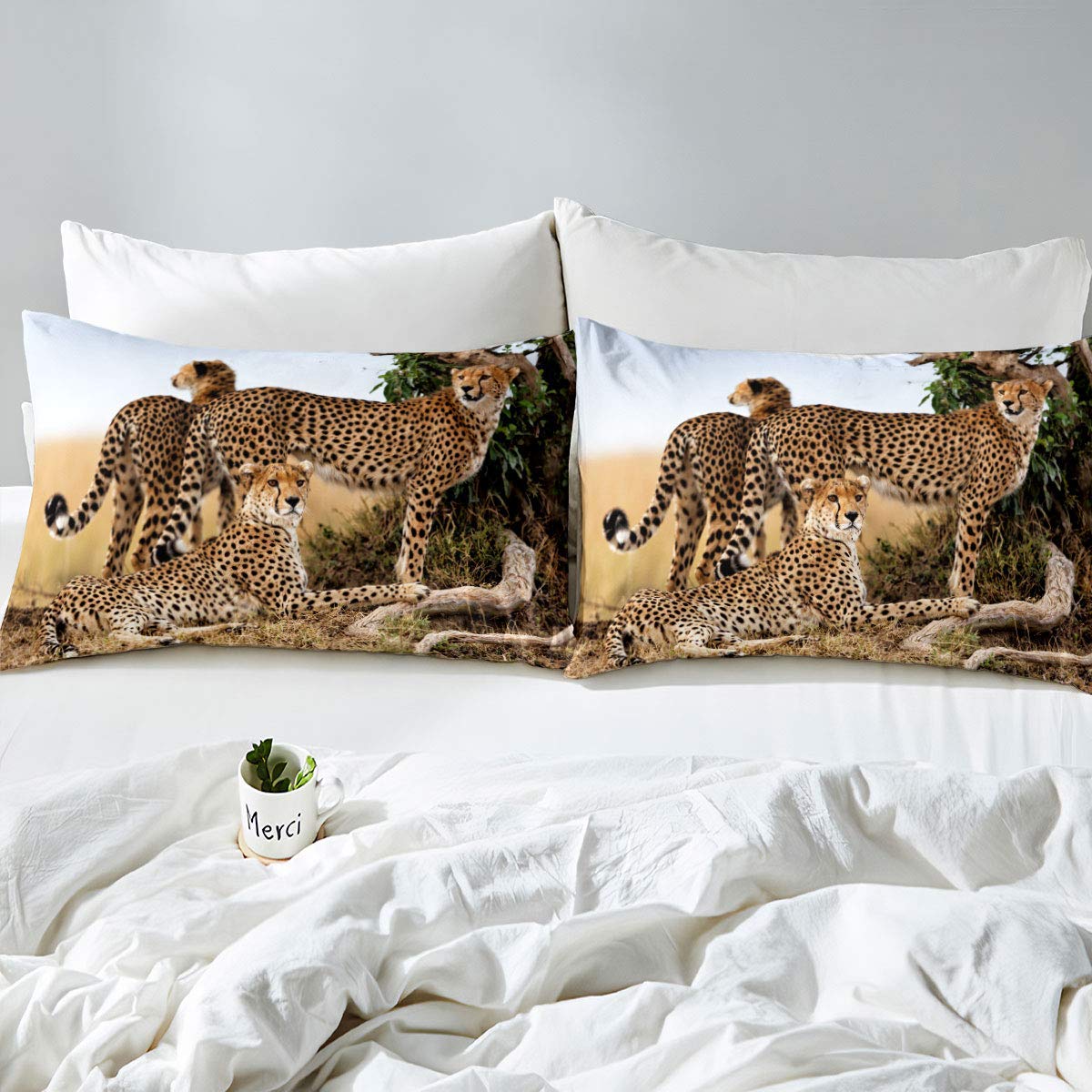 Safari Wildlife Duvet Cover Set Queen,Cheetah California King Animal Comforter Cover,Field Wild Wood Teen Boys Decorative 3 Piece Bedding Set with 2 Pillow Shams,Tan Black Lightweight Microfiber