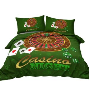 blessliving classic bedding duvet cover set roulette rulet casino game pattern green bedding 3 pcs playing cards dice bed spread for boys men (queen)