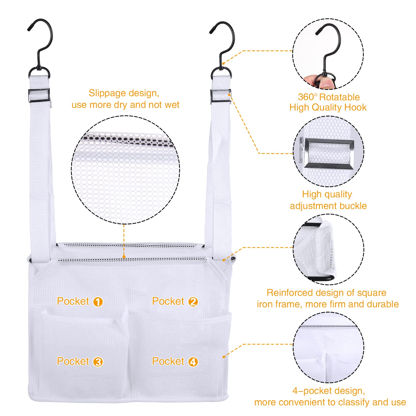 Phying Hanging Mesh Shower Caddy College with Hooks, Bath Baskets Organizer Storage with 4 Pockets for College Dorm Rooms, Gym, Swimming and Travel