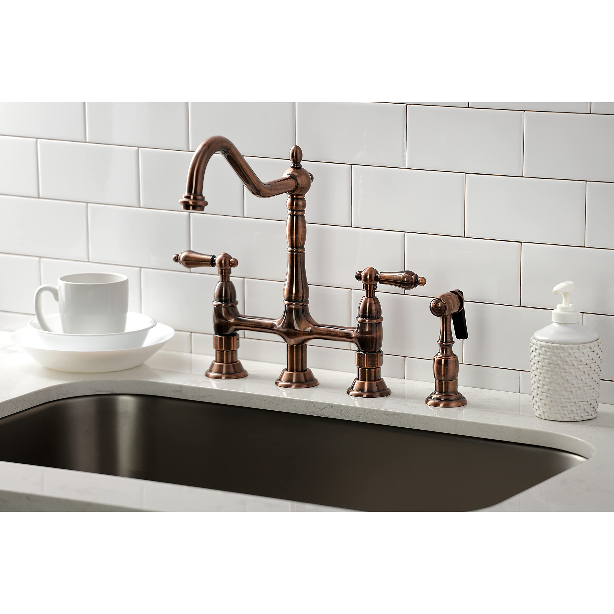 Kingston Brass KS127ALBSAC Heritage Bridge Kitchen Faucet, Antique Copper, 13.88 x 8.56 x 13.13