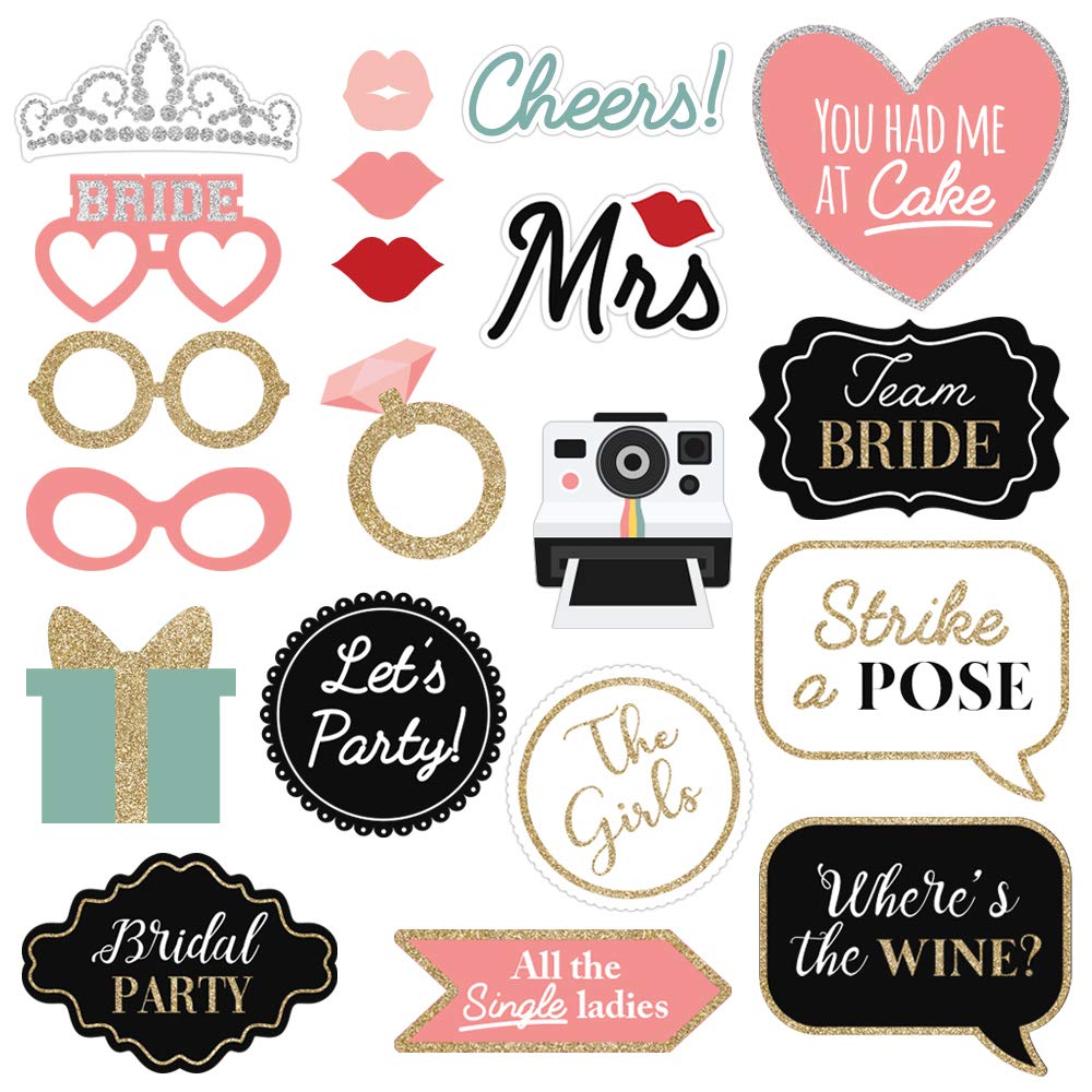 Fully Assembled Wedding Photo Booth Props - Set of 40 - Gold, Pink, Teal, & Silver Selfie Signs - Wedding Party Supplies & Decorations - Cute Wedding Designs with Real Glitter - Did we mention no DIY?