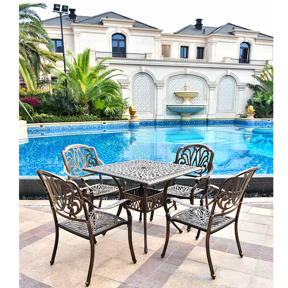 TITIMO 5-Piece Outdoor Patio Dining Set,All-Weather Cast Aluminum Furniture Conversation Set Includes 4 Chairs and 1 Square Table with Umbrella Hole for Patio Garden Deck, Blooming Flower Design