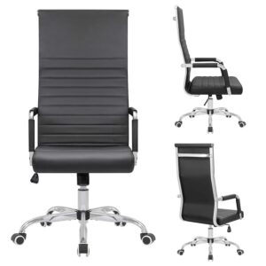 KaiMeng Ribbed Office Chair High Back PU Leather Desk Chair Adjustable Swivel Task Chair Computer Chair with Armrest for Conference Study Leisure (Black)