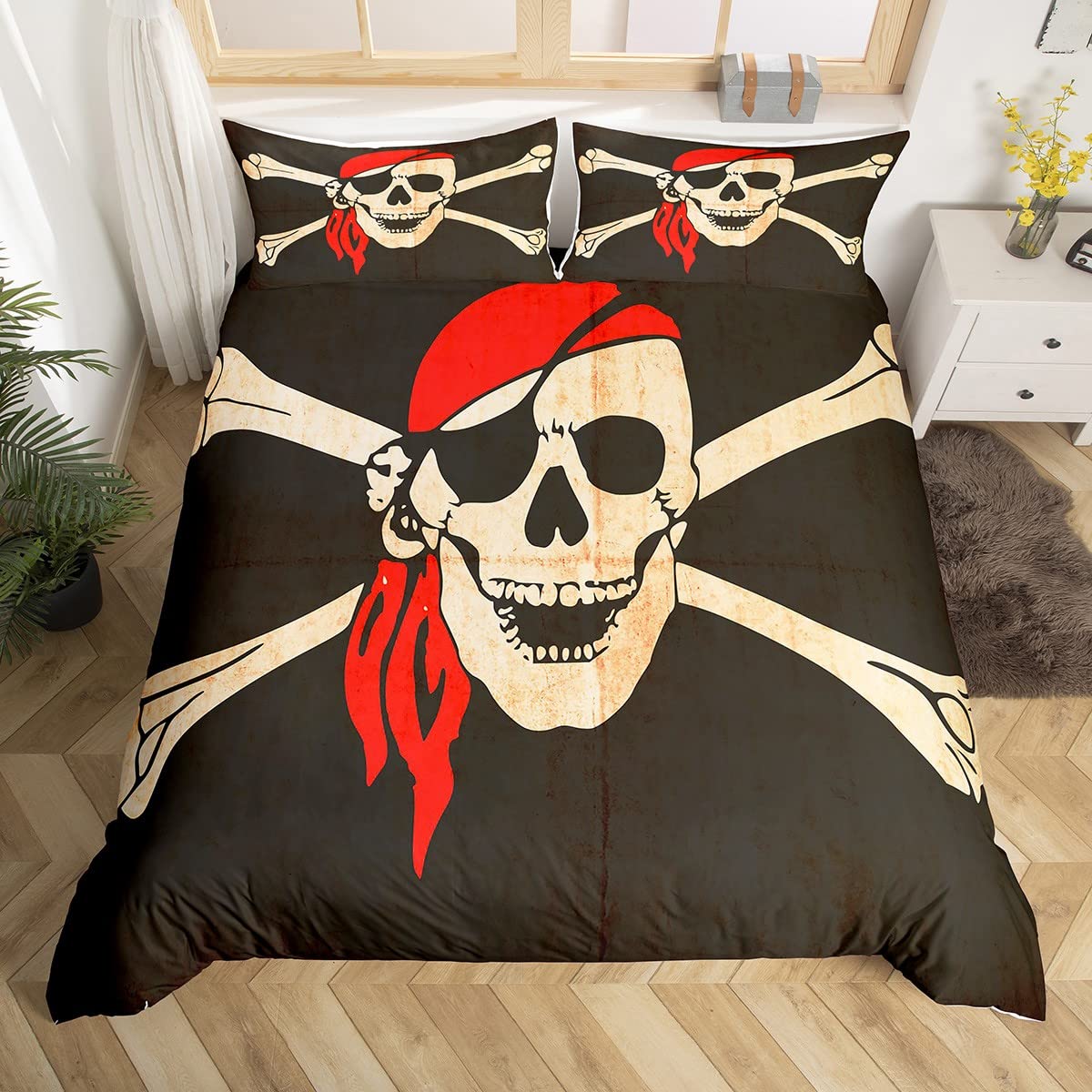 Pirate Comforter Cover Queen,Flag of Tierra del Fuego Argentina in Grunge Antique Historical Skull Pattern Printed Decorative 3 Pieces Bedding Set(1 Duvet cover Set 2 Pillow Shams) ,with Zip Ties