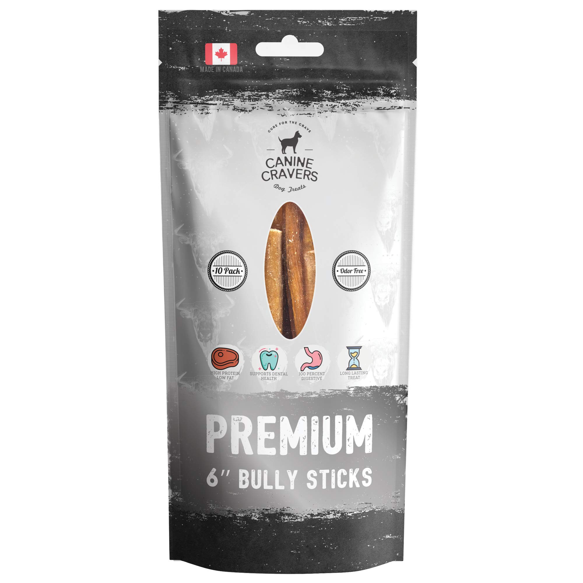 Canine Cravers Maplewood Smoked Bully Sticks 6” Inch - 100% Natural Free Range Grass Fed Beef - Made in Canada - Odor-Reduced Long Lasting, Rawhide Free Dog Chews High Protein Low Fat Dental Care