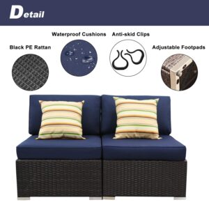 Excited Work 2 Piece Outdoor PE Wicker Rattan Patio Couch with Washable Cushion and 2 Pillow,Sectional Furniture Conversation Set（Dark Blue）