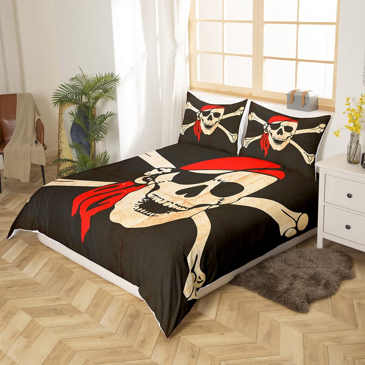 Pirate Comforter Cover Queen,Flag of Tierra del Fuego Argentina in Grunge Antique Historical Skull Pattern Printed Decorative 3 Pieces Bedding Set(1 Duvet cover Set 2 Pillow Shams) ,with Zip Ties