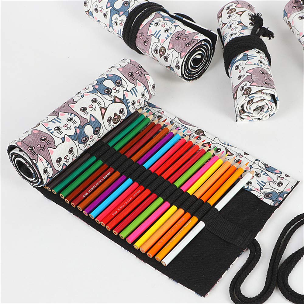 Funny live 24/36/48/72 Slots Colored Pencil Wrap Roll up Pen Holder Case Drawing Coloring Pencil Roll Organizer Stationery Case for Student Artist Traveler (Big-Head Cats, 72 Slots)