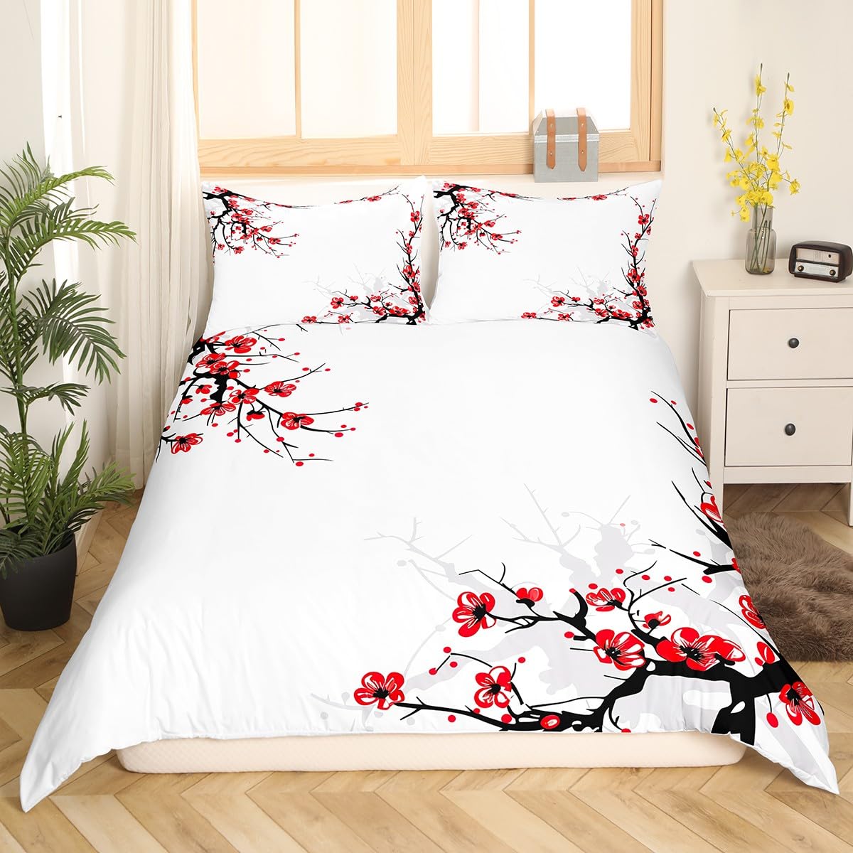 Japanese Duvet Cover Twin Size,Kids Girls Spring Cherry Blossom Comforter Cover Asian Botanic Themed Pattern Fresh Organic Art Bedding Set, Branch of Red Flowers Decorative Bedspreads White Black